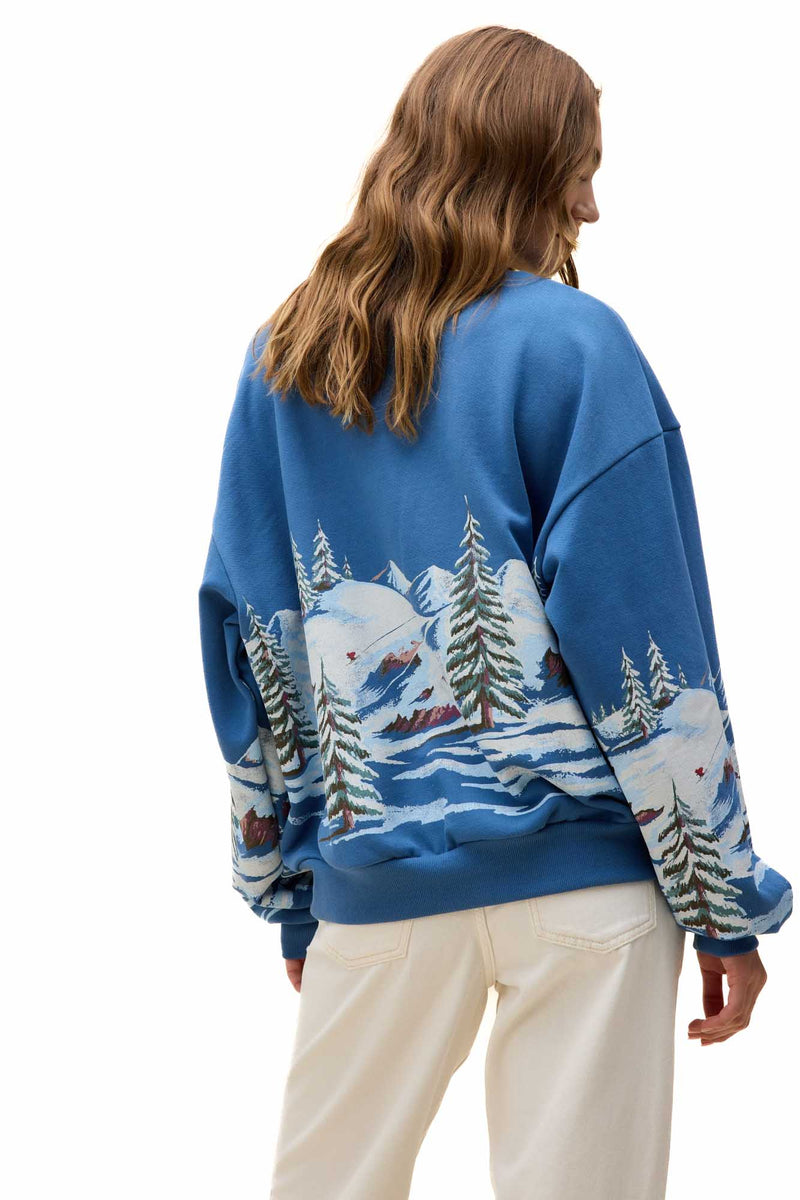 Daydreamer | Alpine Ski Scene Oversized Crew Sweatshirt - Denim Blue ...