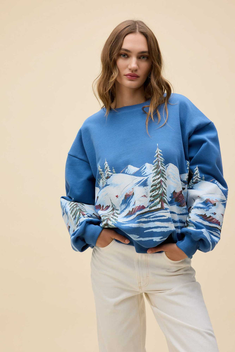 Daydreamer | Alpine Ski Scene Oversized Crew Sweatshirt - Denim Blue ...